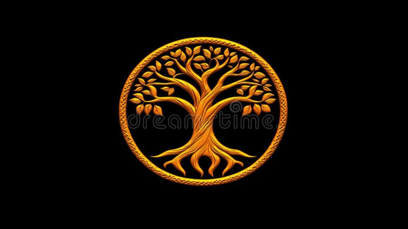 Golden Tree of Life Emblem on Black Background with Intricate Details ...