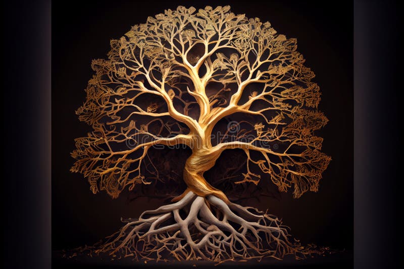 Golden Tree of Life with Roots. Afterlife Concept Stock Illustration ...