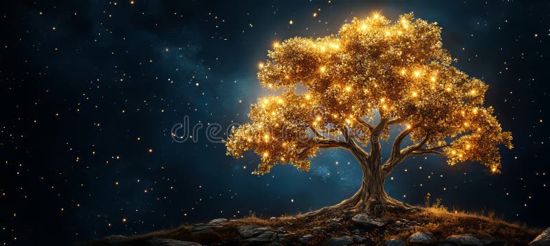 Golden Tree of Light a Magical Illustration of a Glowing Tree Under a ...