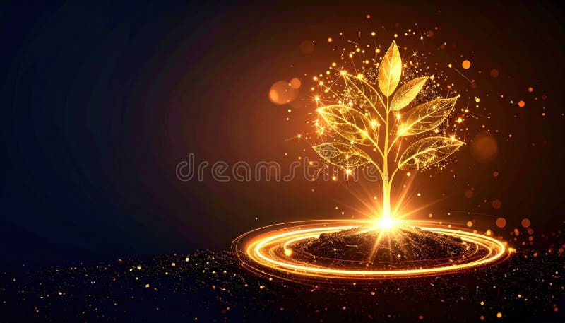 Golden Tree of Light, Spark Effect Evolving into Growing Plant ...