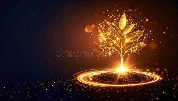 Golden Tree of Light, Spark Effect Evolving into Growing Plant ...