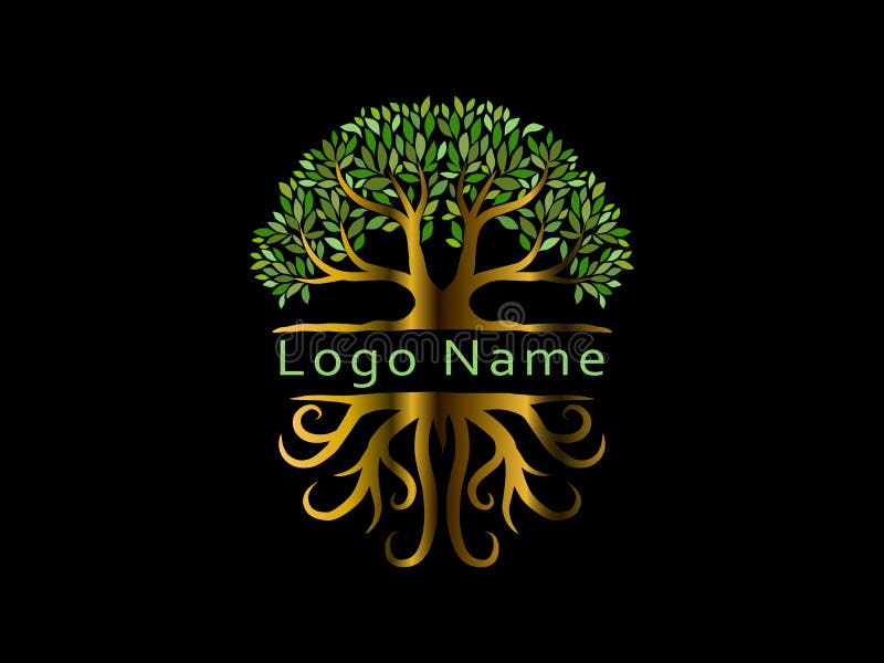 Tree and Roots Logo Design with Golden Leaves Stock Illustration ...