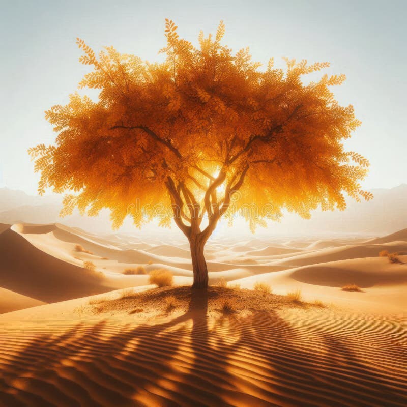 Golden Tree in the Middle of the Desert at Sunset. Stock Image - Image ...