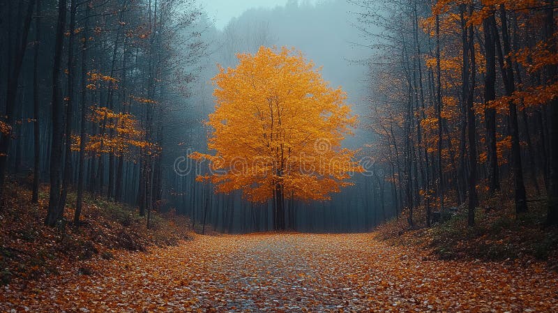 Golden Tree in Misty Forest Stock Illustration - Illustration of ...
