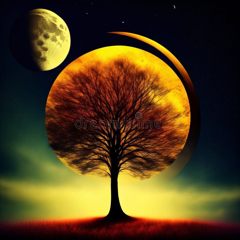 Golden Tree with Moon on Dark Background. Mystical Forest Stock ...