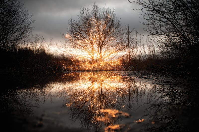 Golden Tree Reflection stock illustration. Illustration of evening - 389586514