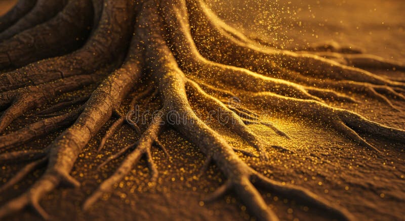 Golden Tree Roots Glowing in Dark Soil Stock Illustration ...