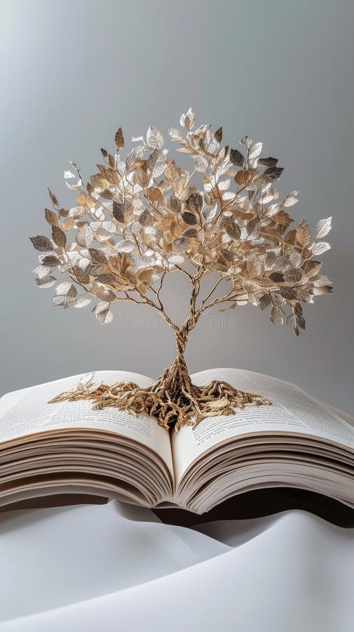 Golden Tree Sculpture Growing from an Open Book, Creative Literary ...