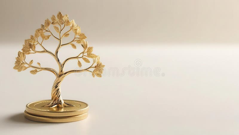 Golden Tree Sculpture Growing from Stack of Coins, Symbolizing Stock ...