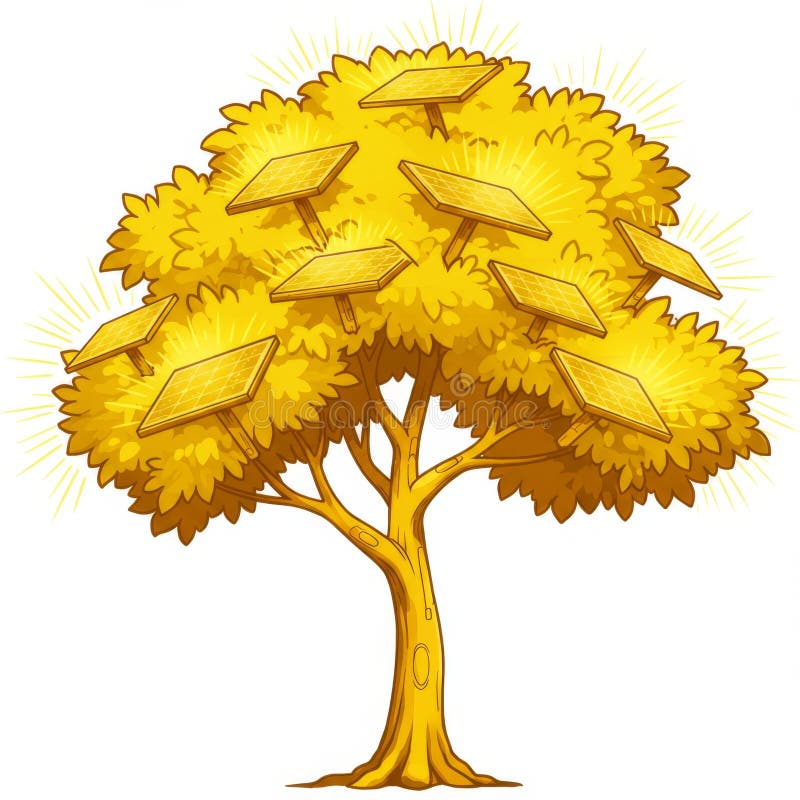 Golden Tree with Shiny Leaves and Glowing Light Stock Illustration ...