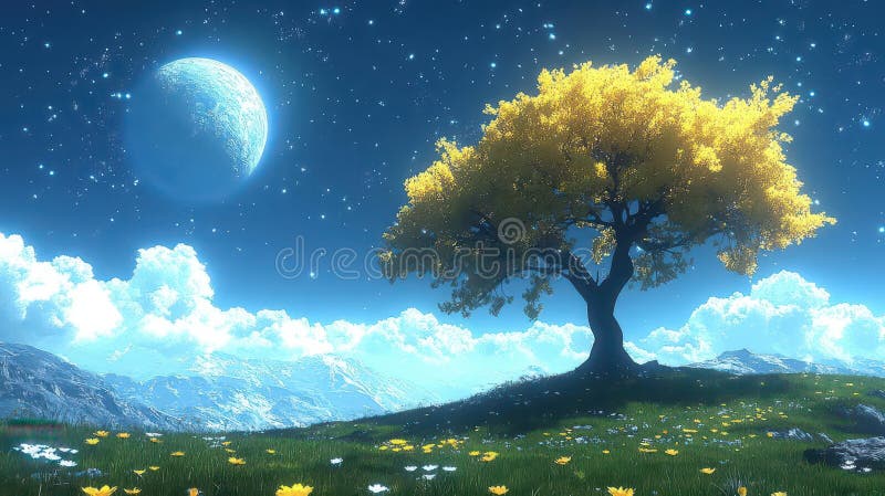 Golden Tree, Starry Night, Fantasy Landscape Stock Illustration ...
