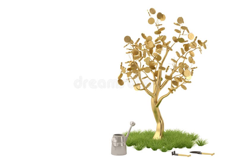 Golden Tree with Watering Pot.3D Illustration. Stock Illustration ...