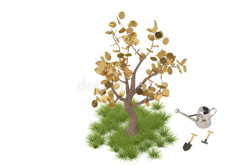 Golden Tree with Watering Pot.3D Illustration. Stock Illustration ...