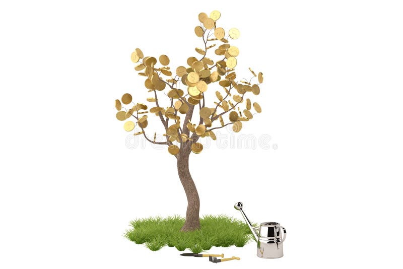 Golden Tree with Watering Pot.3D Illustration. Stock Illustration ...