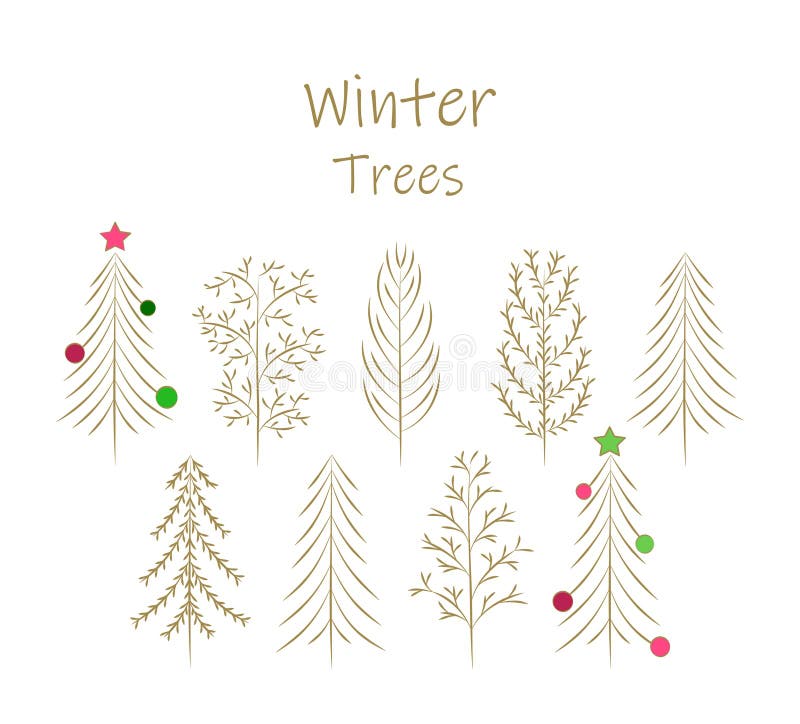 Golden Trees Collection for Christmas, Winter Set of Cute Trees. Stock ...
