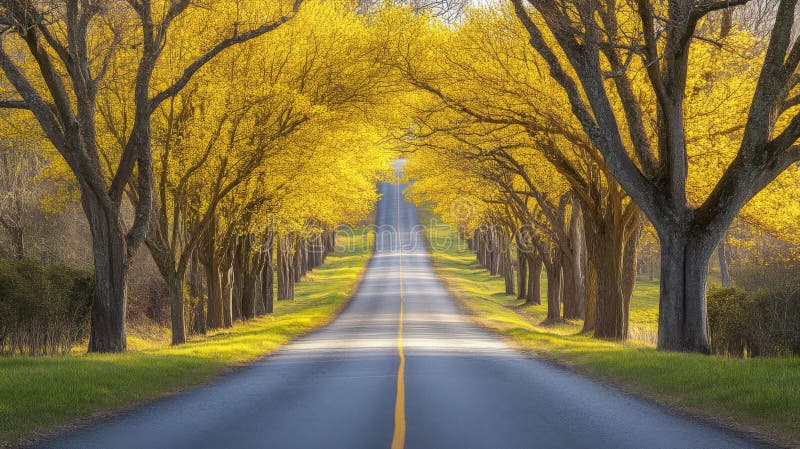 Golden Trees Line a Scenic Country Road Stock Illustration ...
