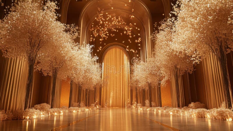 Golden Trees Wedding Aisle in Grand Hall Stock Illustration ...