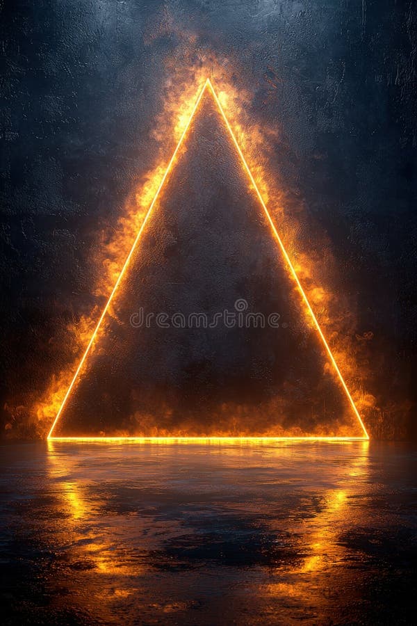 Golden Triangle Encased in Flames on Reflective Dark Background Stock ...