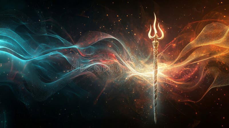 Golden Trident Surrounded by Abstract Blue and Orange Waves Stock ...