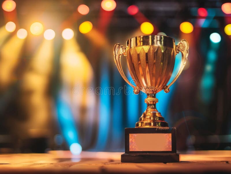 Golden Trophy with Blank Plaque on a Stage with Lights Stock ...