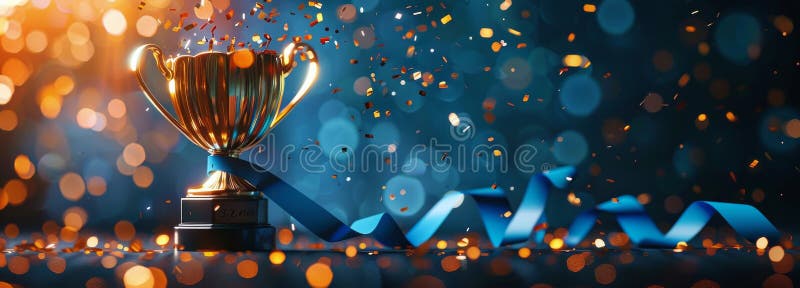 Golden Trophy on Blue Ribbon Stock Photo - Image of generated, winning ...