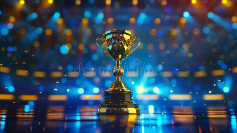 Golden Trophy with Blue and Yellow Lights in the Background Stock ...