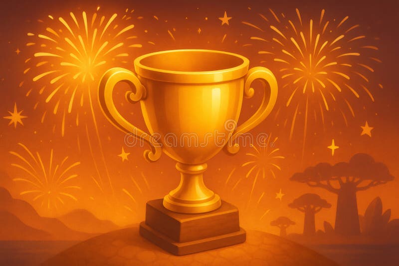 Golden Trophy Celebrating Victory with Fireworks Exploding in the ...