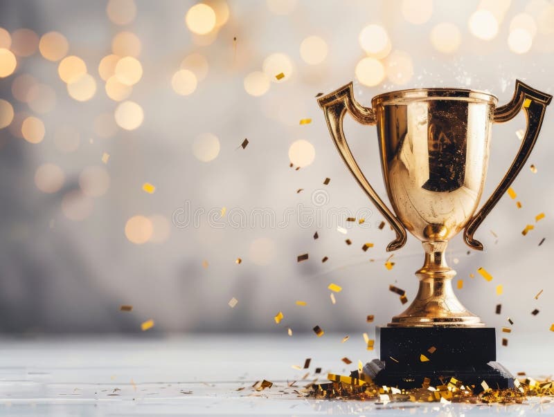 Golden Trophy Celebrating Winning Competition with Falling Confetti ...