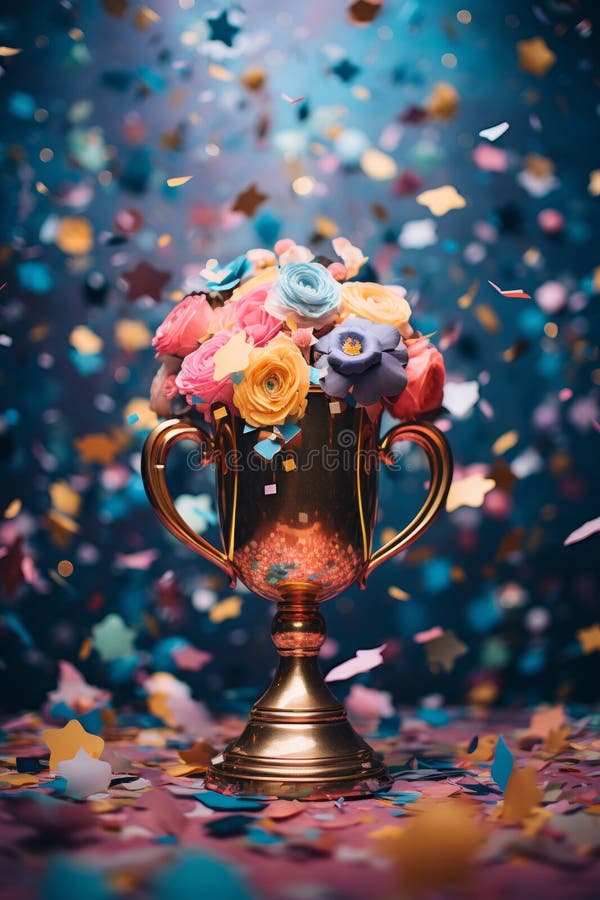 A Golden Trophy with Colorful Confetti Falling from it Stock ...