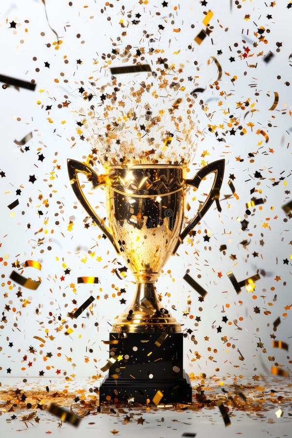 Golden Trophy with Confetti Falling, Representing Celebration and ...