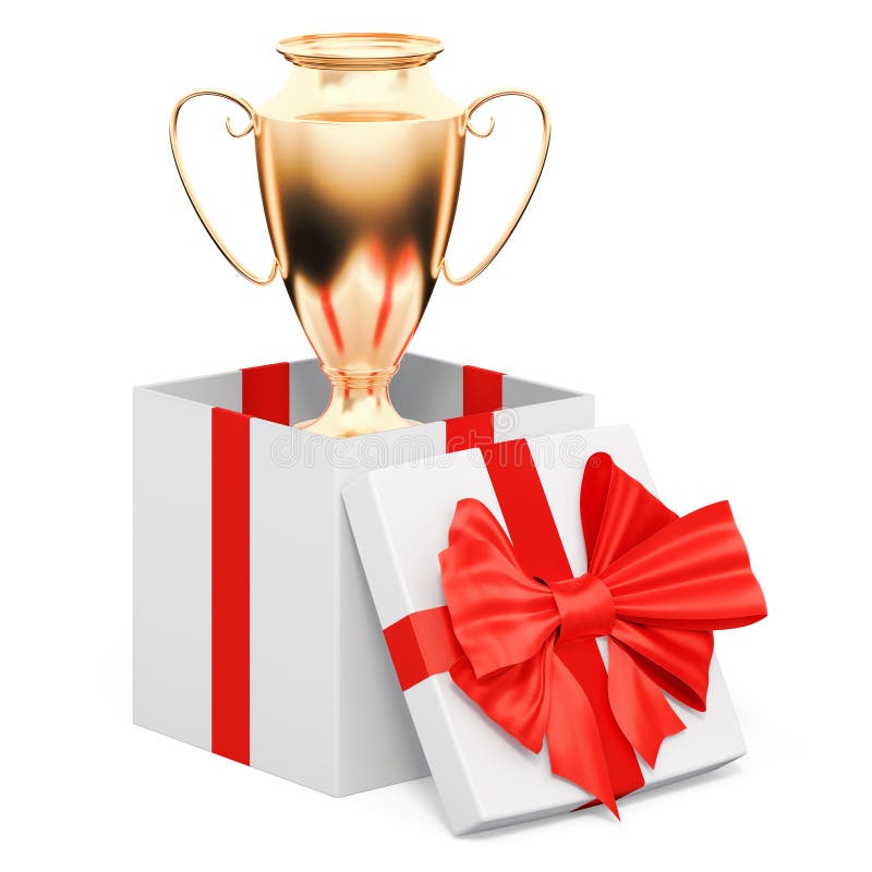 Golden Trophy Cup Award Inside Gift Box, Gift Concept. 3D Rendering ...