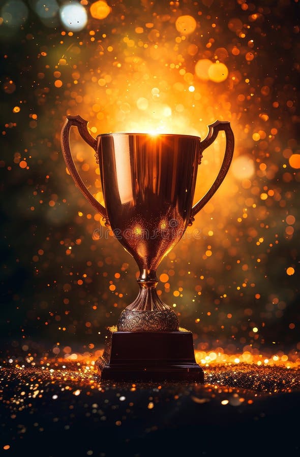 Golden Trophy Award on Dirt Background with Sparkling Lights Stock ...