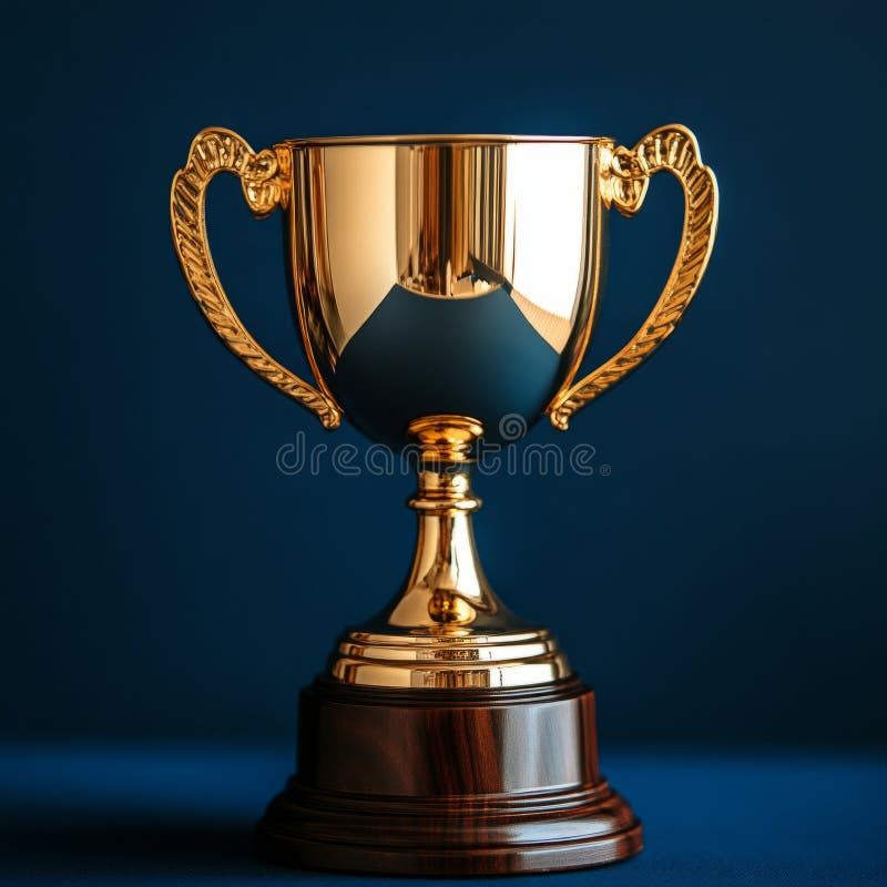 Golden Trophy Cup on a Wooden Base Against a Dark Blue Backdrop. Stock ...
