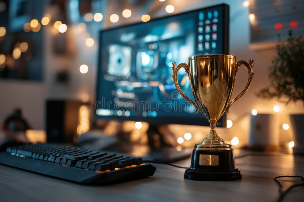 Golden Trophy on a Desk in a Modern Tech Workspace with Computer ...