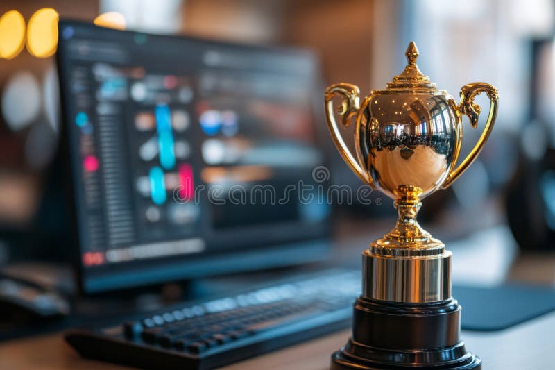 Golden Trophy on a Desk in a Modern Tech Workspace with Computer ...