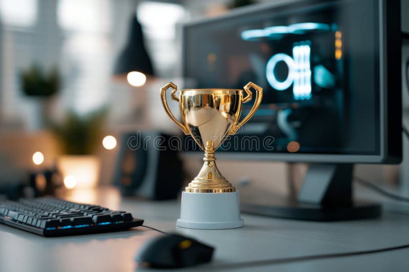Golden Trophy on a Desk in a Modern Tech Workspace with Computer ...