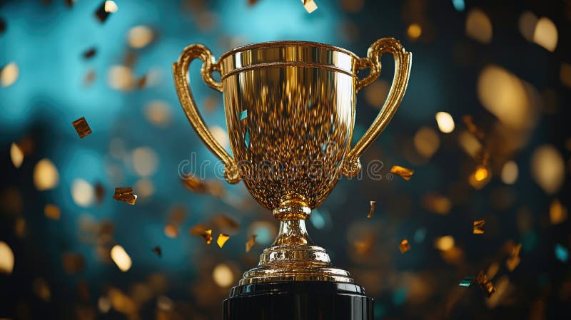 Golden Trophy with Falling Confetti Against Vibrant Blue Background ...
