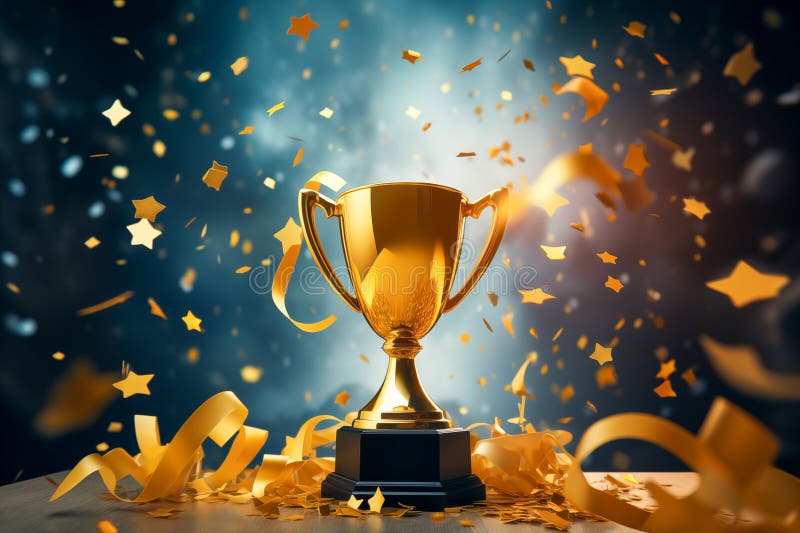 Golden Trophy for First Place Victory with Confetti and Streamers Stock ...