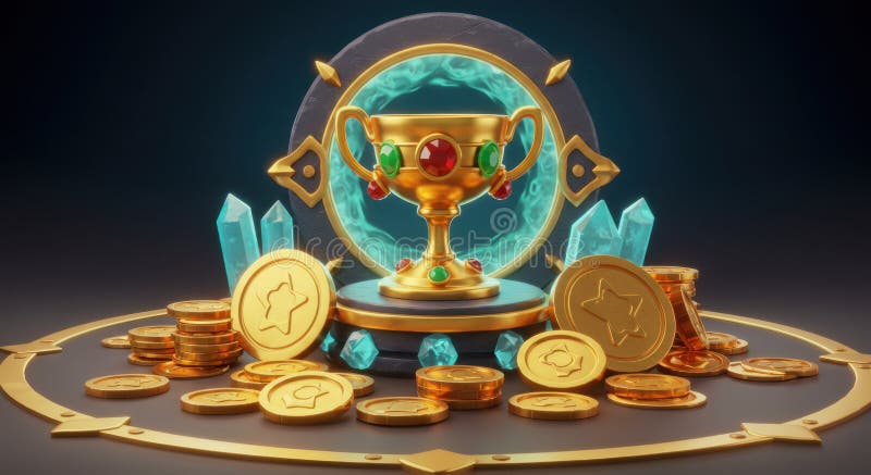 Golden Trophy with Gems and Coins on Dark Background Stock Illustration ...