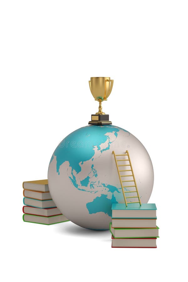 Trophy and Book Stacks Isolated on White Background. 3D Illustration ...