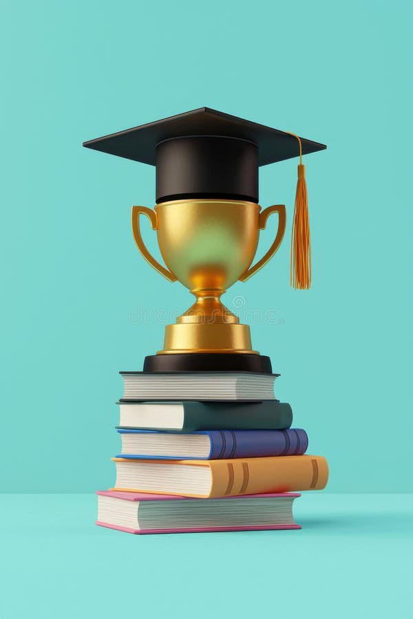 Golden Trophy with Graduation Cap on Stack of Books Stock Photo - Image ...