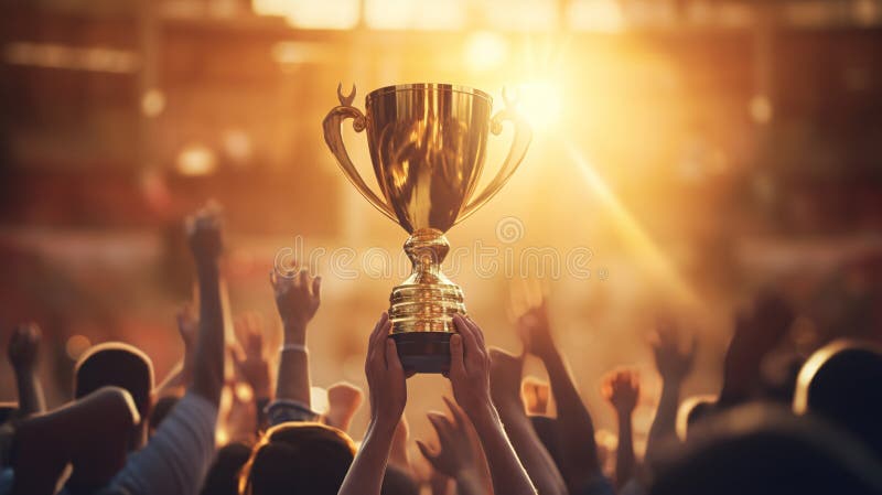 A Golden Trophy Held High in Celebration, Surrounded by a Cheering ...