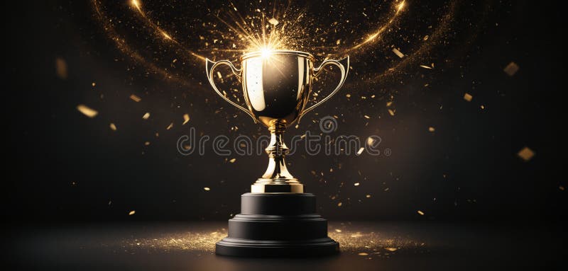 Shimmering Golden Trophy with Sparkling Dust and Light Effects on Dark ...