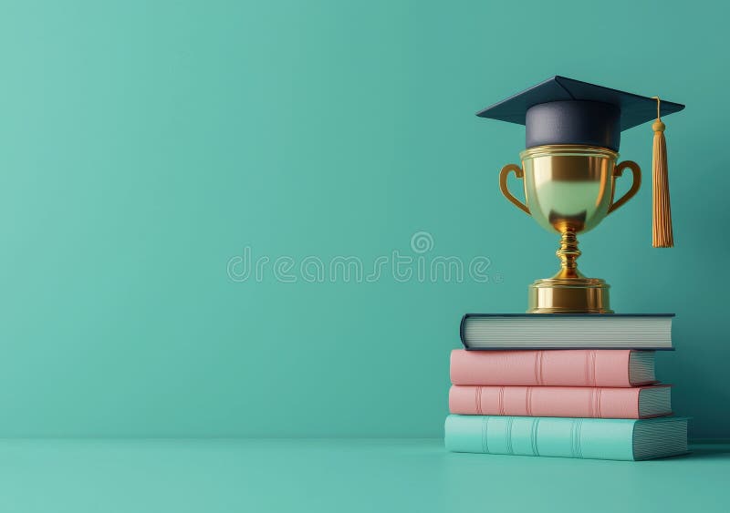 Golden Trophy with Books and Graduation Cap on a Green Background Stock ...