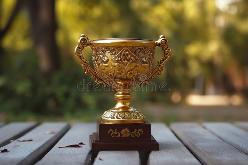 A Golden Trophy is Placed Prominently on Top of a Sturdy Wooden Table ...