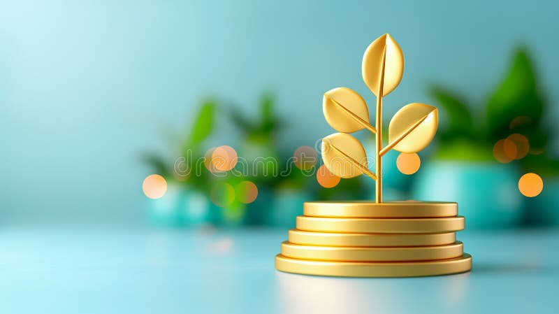 A Golden Trophy with a Plant Design Sits on a Reflective Surface ...