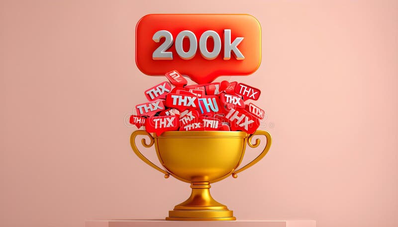 Golden Trophy with Red 200k Text Bubbles on Peach Background ...