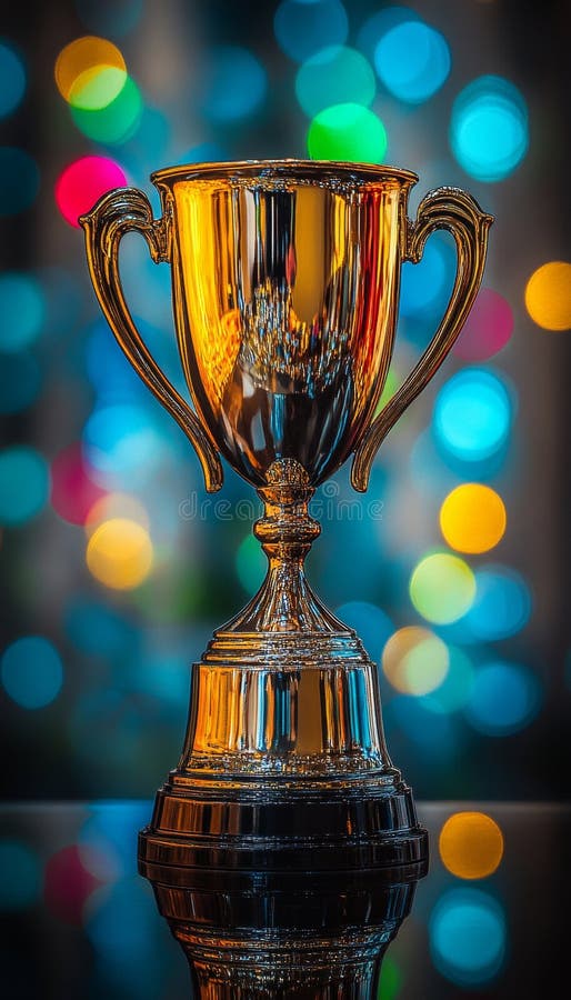 Golden Trophy on Reflective Surface Against Vibrant Bokeh Background ...