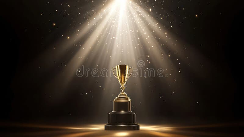 Golden Trophy on Spotlighted Stage with Sparkling Light Beams ...