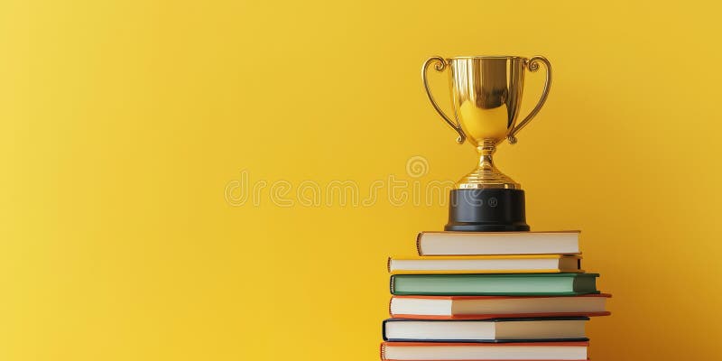 Golden Trophy on Stack of Books Against Yellow Background Stock Image ...